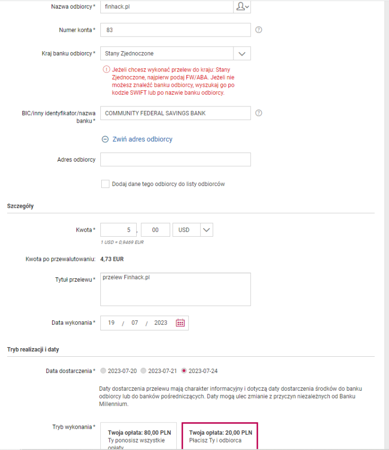 Przelew zagraniczny w Banku Millennium - Finhack